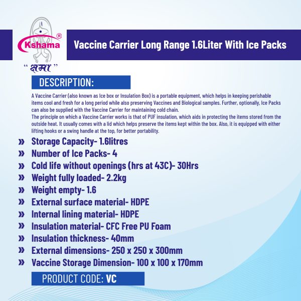 Vaccine Carrier Long Range 1.6 Liter with Ice Packs (1 Pcs) - Kshama ...